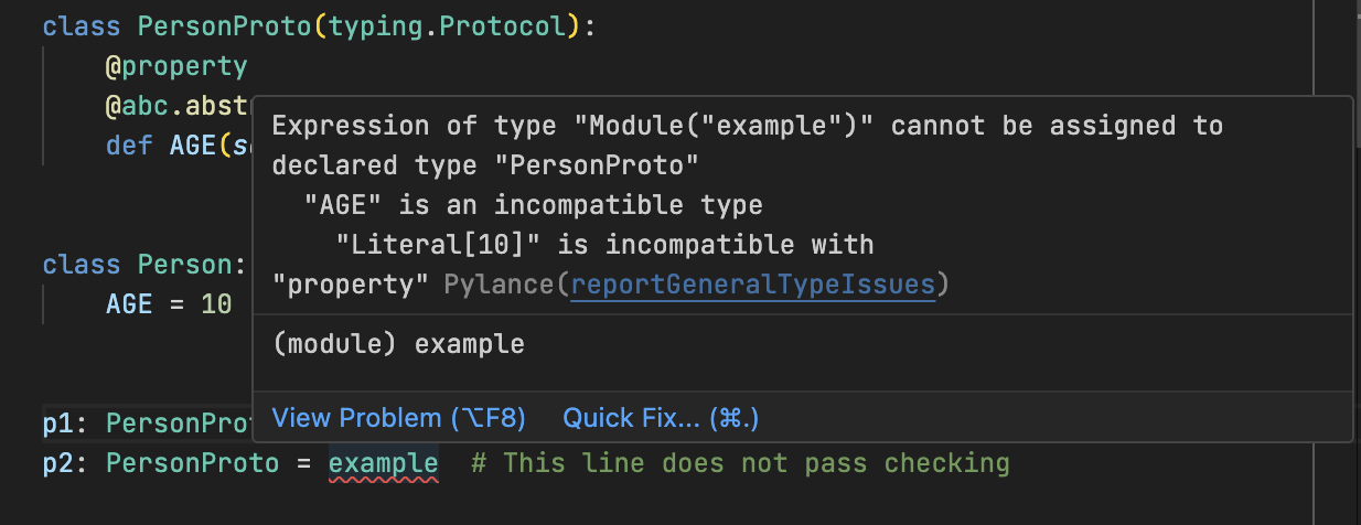 Pylance complains "Literal[10]" is incompatible with "property" when using modules as ...