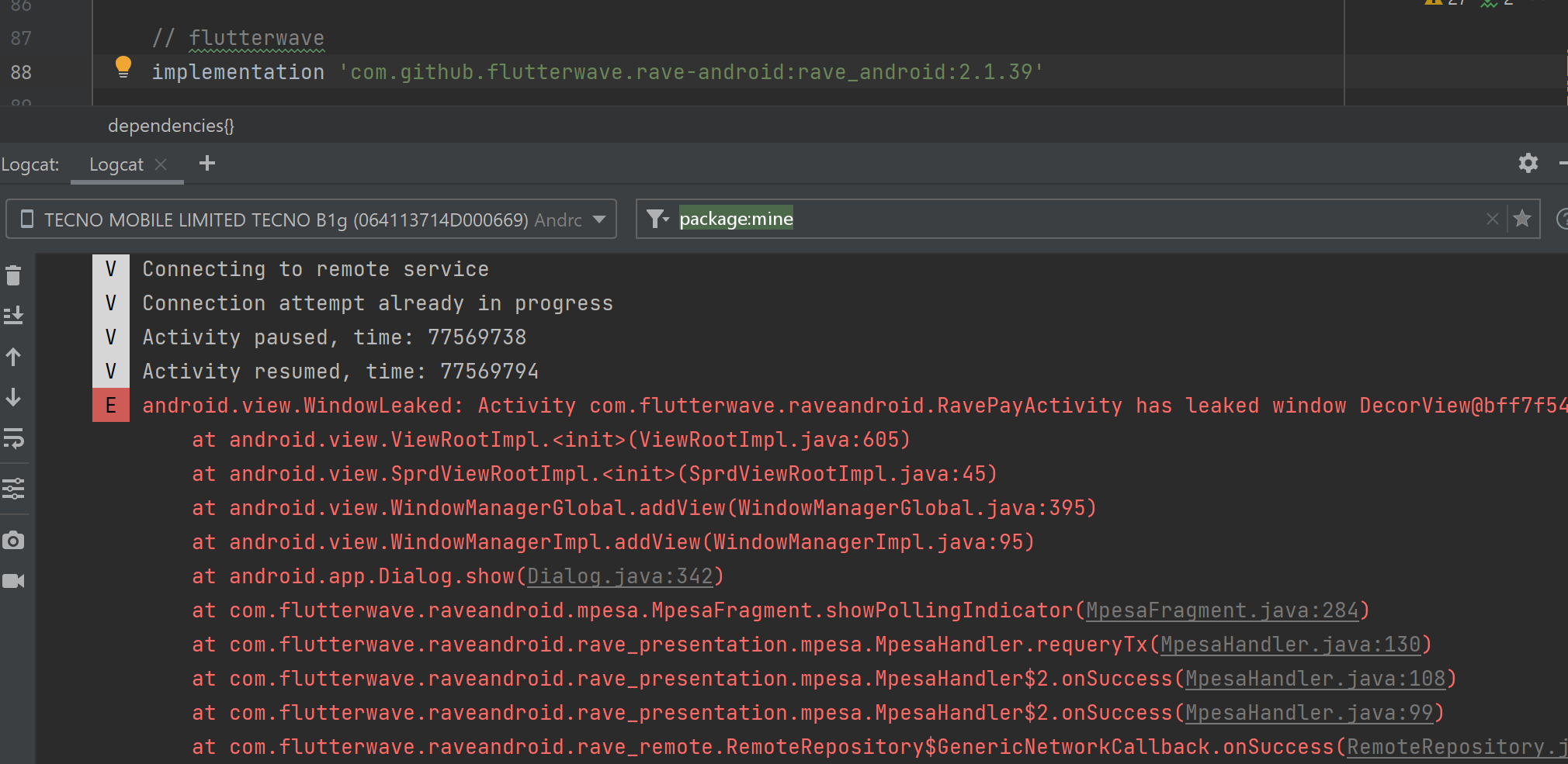 Activity Com Flutterwave Raveandroid Ravepayactivity Has Leaked Window Decorview 80ae752