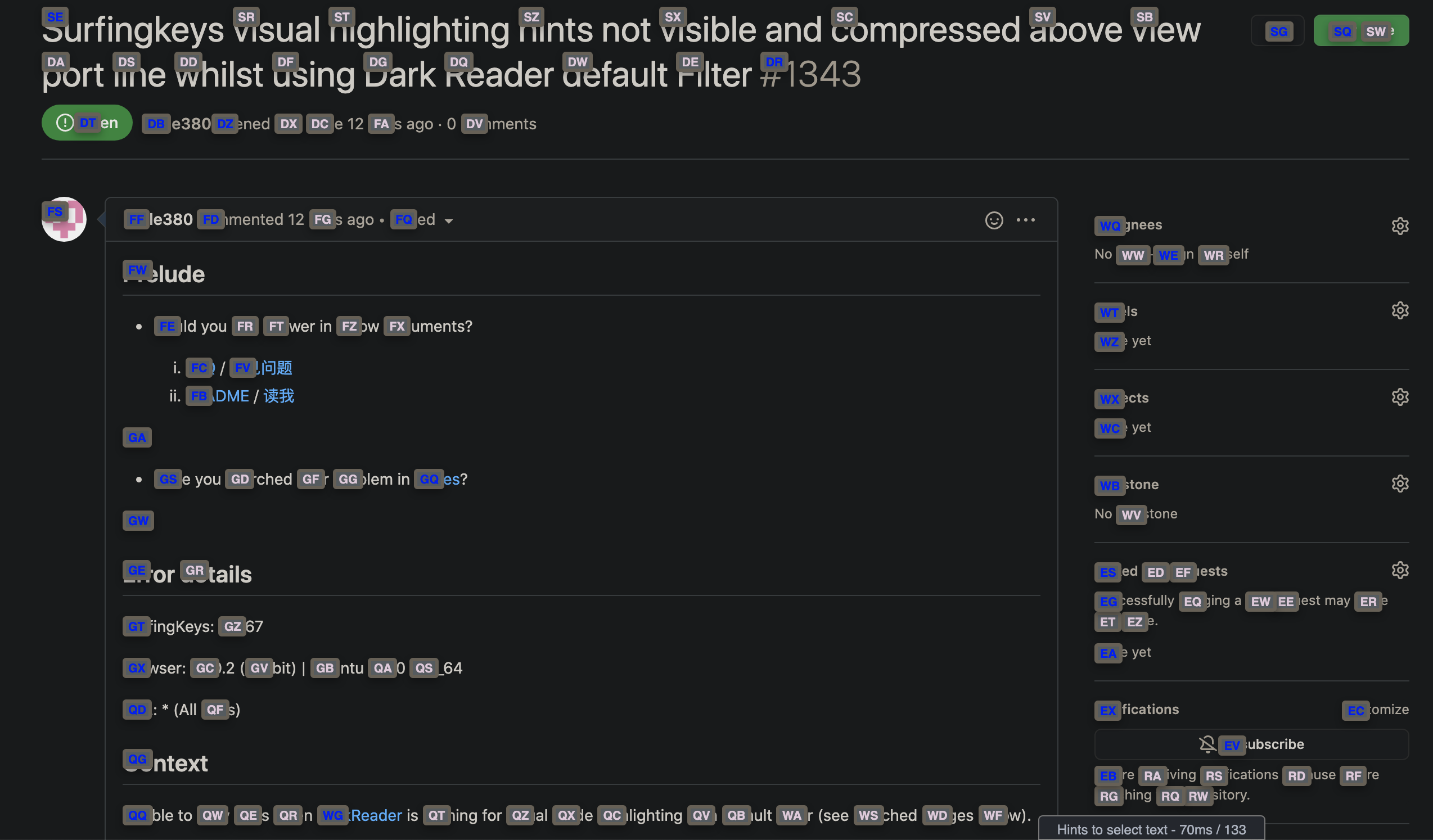 Surfingkeys visual highlighting hints not visible and compressed above view port line whilst ...