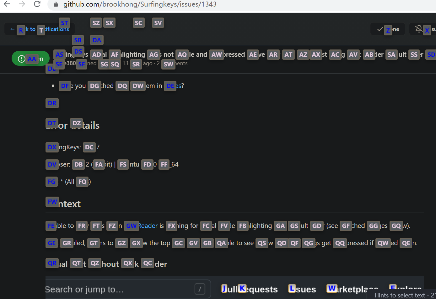 Surfingkeys visual highlighting hints not visible and compressed above view port line whilst ...