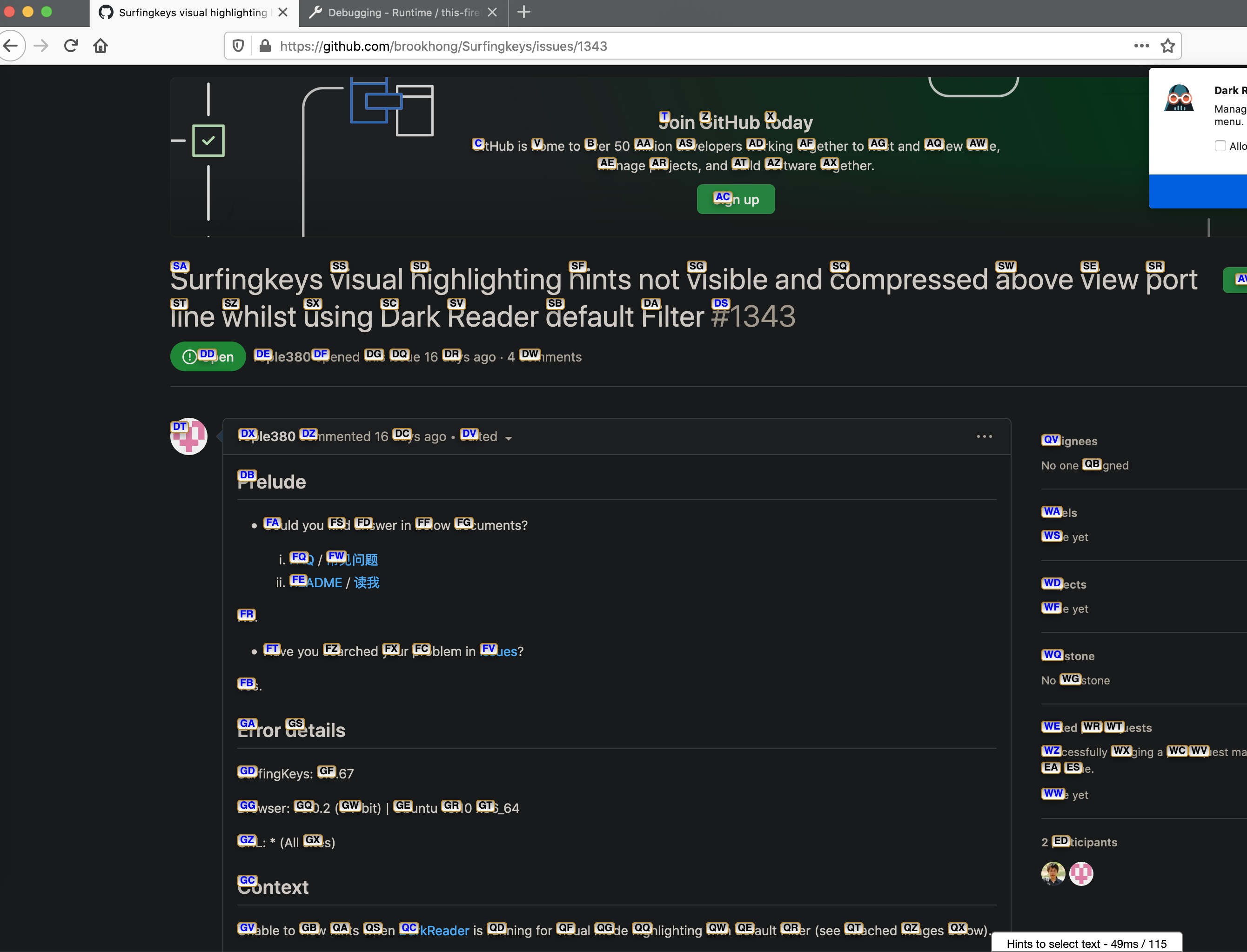 Surfingkeys visual highlighting hints not visible and compressed above view port line whilst ...