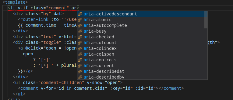 Template completion fails to complete attribute on `:` · Issue #255 · vuejs/vetur · GitHub