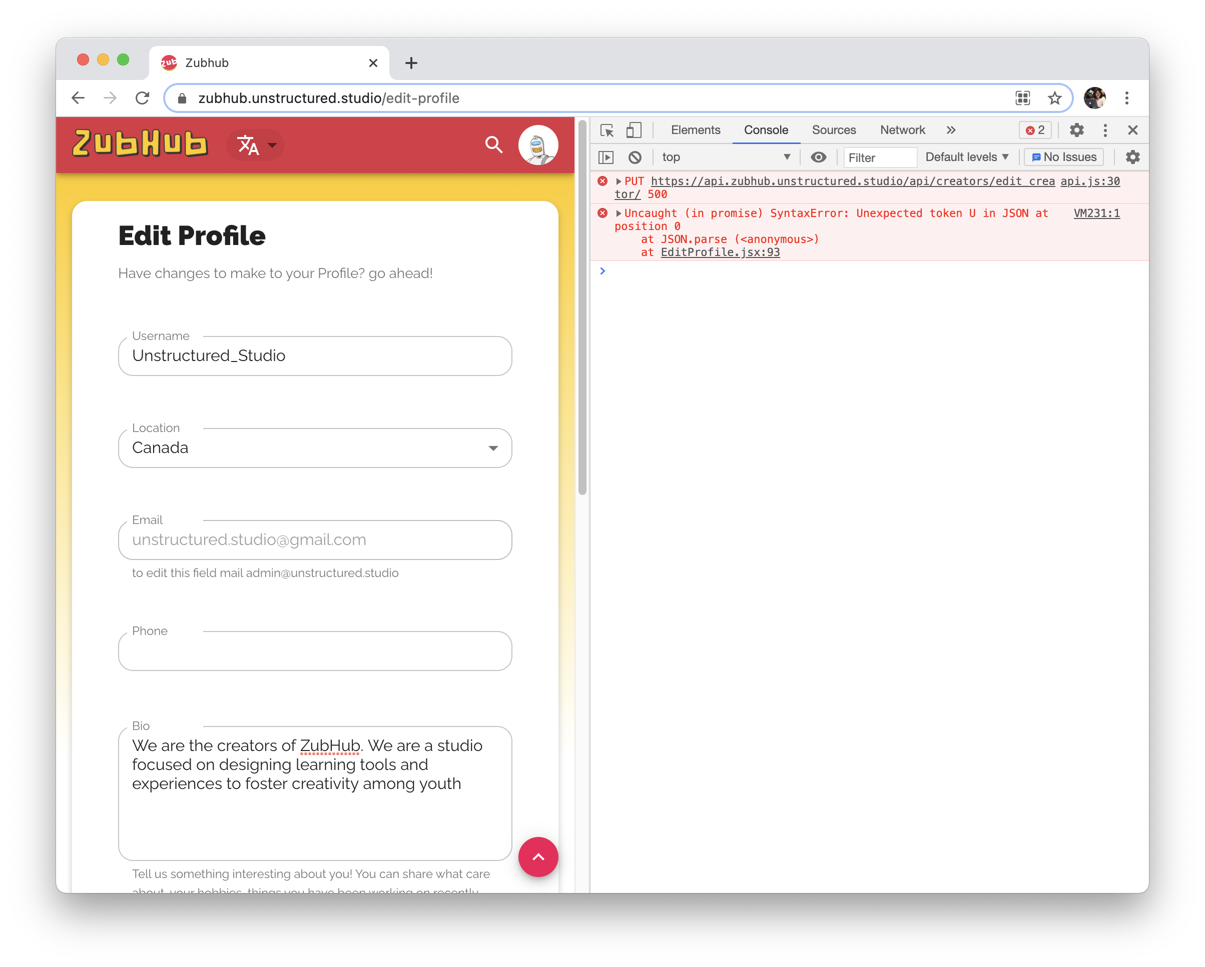 Unable to save changes to profile · Issue #166 · unstructuredstudio/zubhub · GitHub