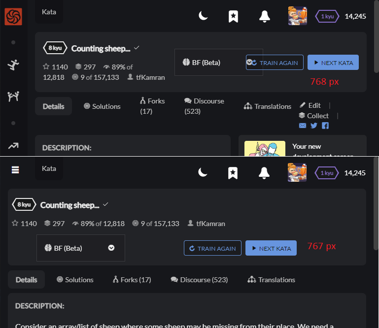 Responsive design hides fork/edit/collect/share below 768 px · Issue #2908 · codewars/codewars ...