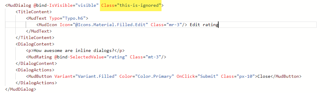 MudDialog class property is ignored. · Issue #3128 · MudBlazor/MudBlazor · GitHub