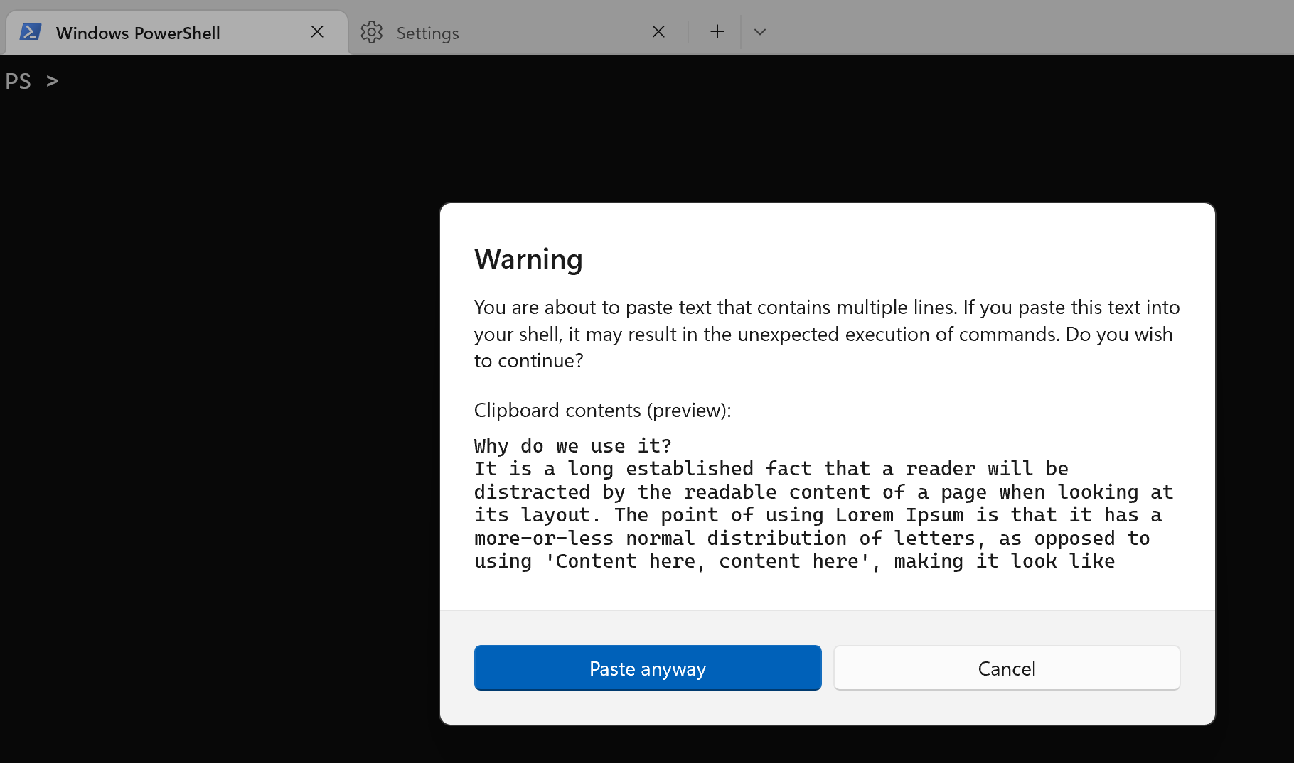 Multiline Paste Warning should be Editable · Issue #14189 · microsoft/terminal · GitHub
