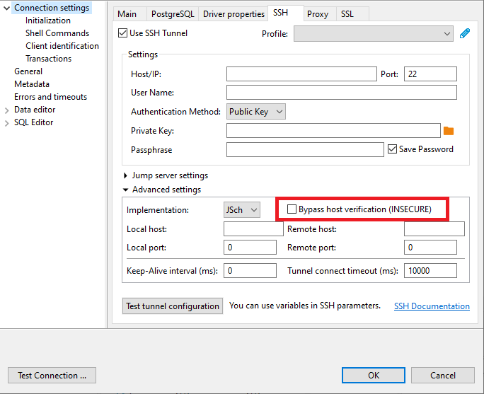 SSH connection to db fails: Can't initialize tunnel - Index 198 out of bounds for length 198 ...