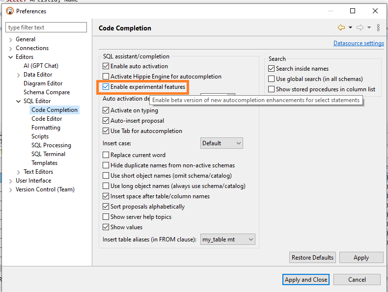 Table columns do not appear after entering the table alias and the period character. · Issue ...
