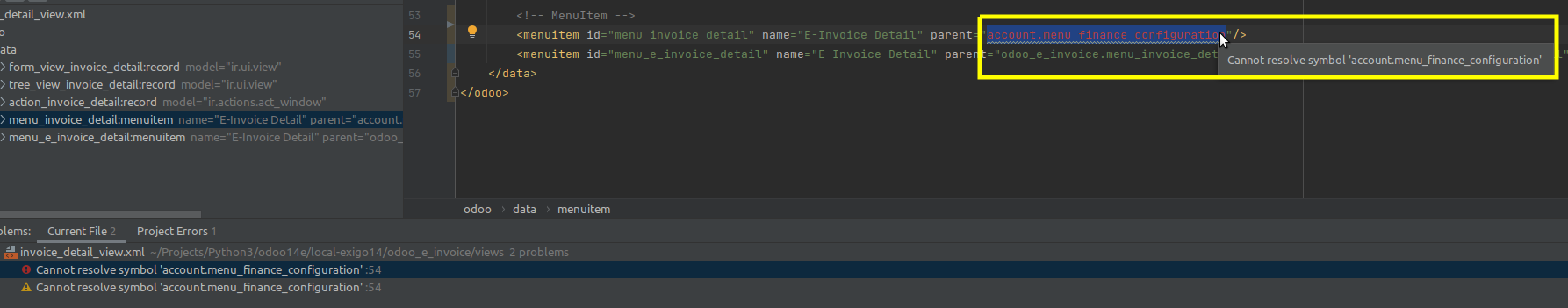 XML error with "account.menu_finance_configuration" V14E · Issue #10 · odoo-ide/pycharm-odoo ...