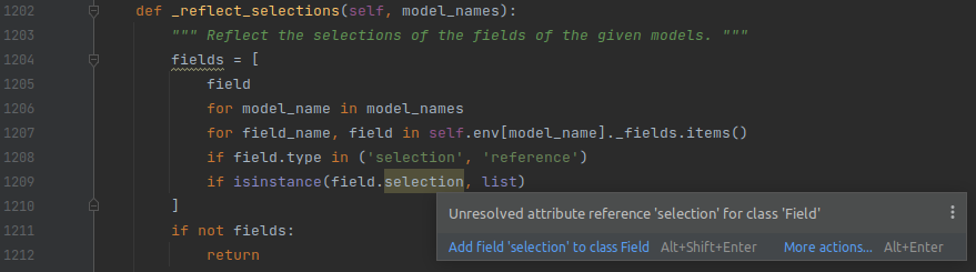 Unresolved attribute reference 'selection' for class 'Field' · Issue #298 · odoo-ide/pycharm ...