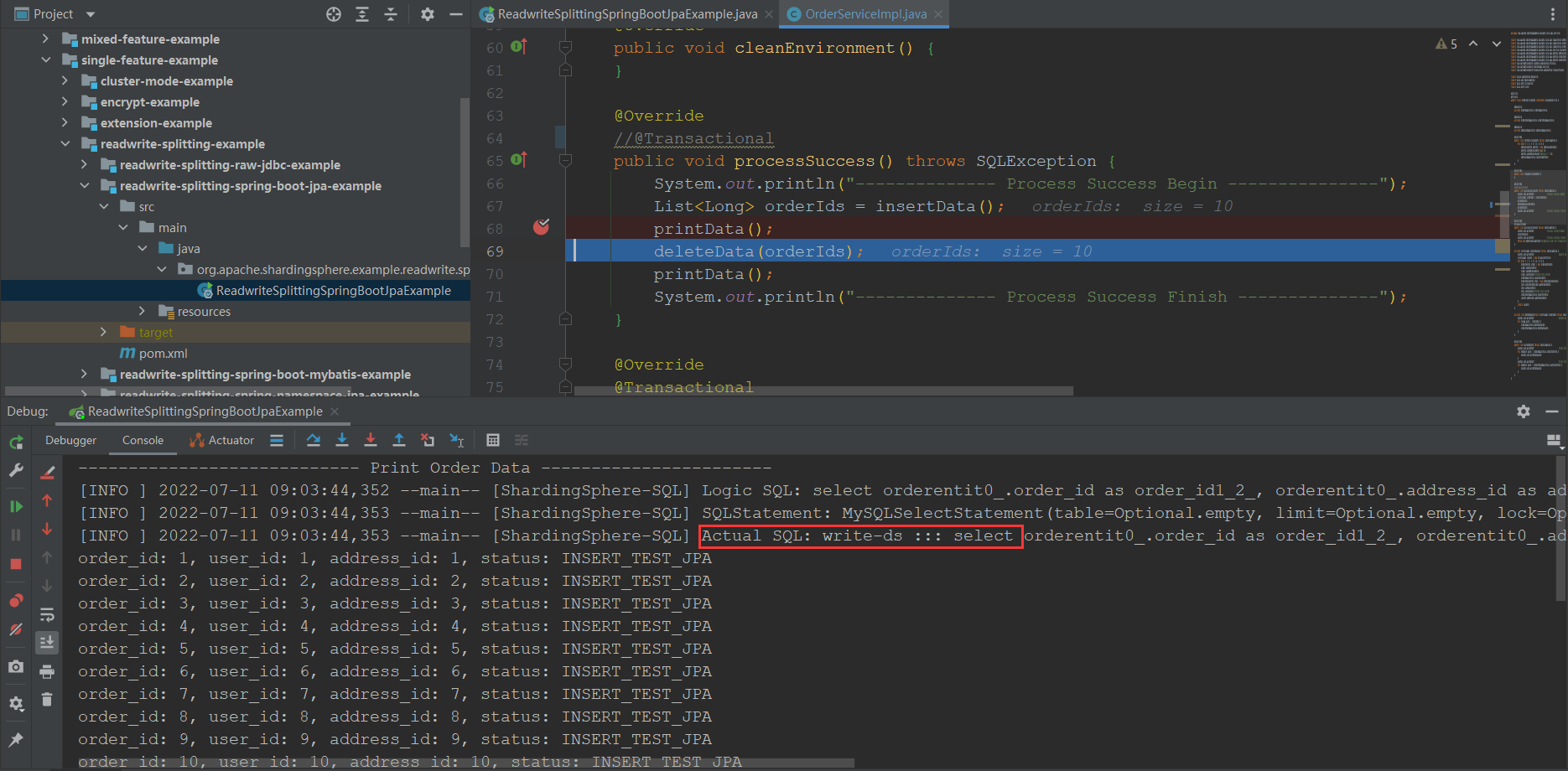 When using JPA, and without transaction management, the select is routed to the write-ds, why ...