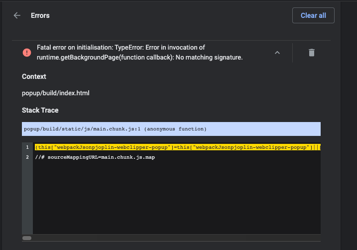 [Clipper extension] Error in invocation of runtime.getBackgroundPage(function callback): No ...