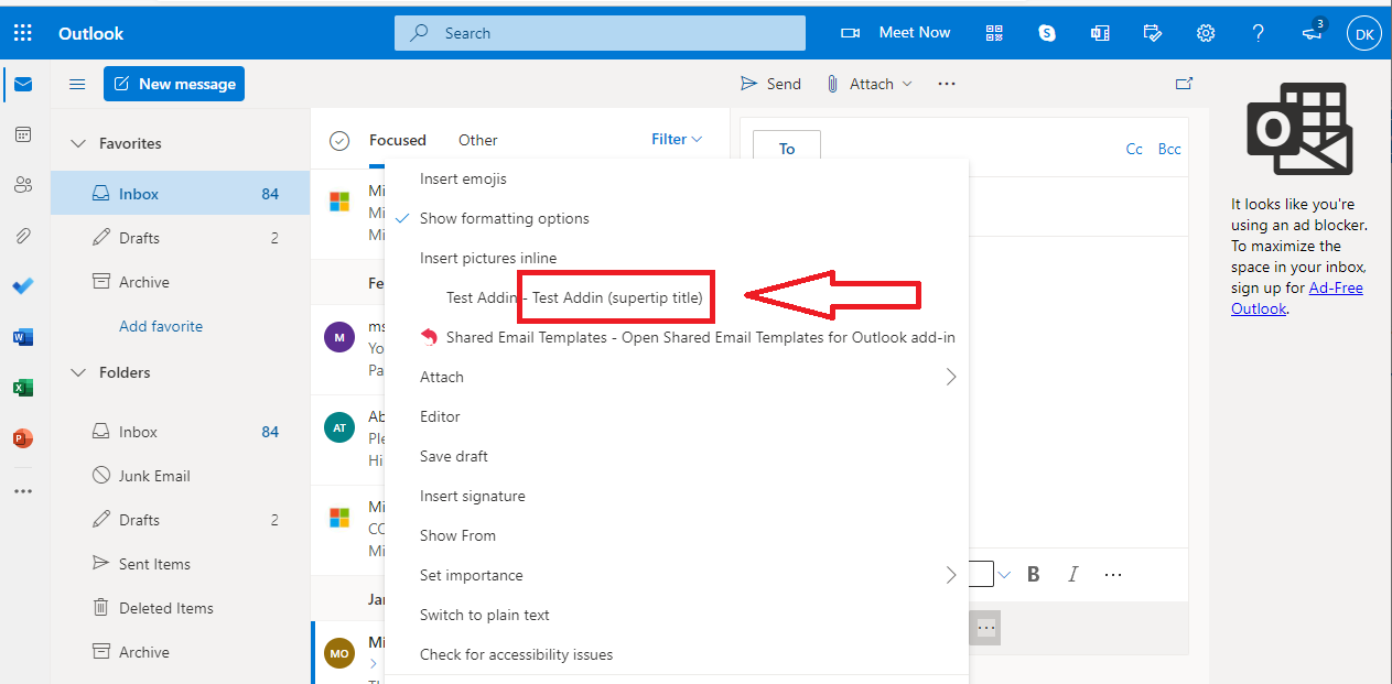 Outlook Online: Supertip's Title is added to button's label in ... menu ...