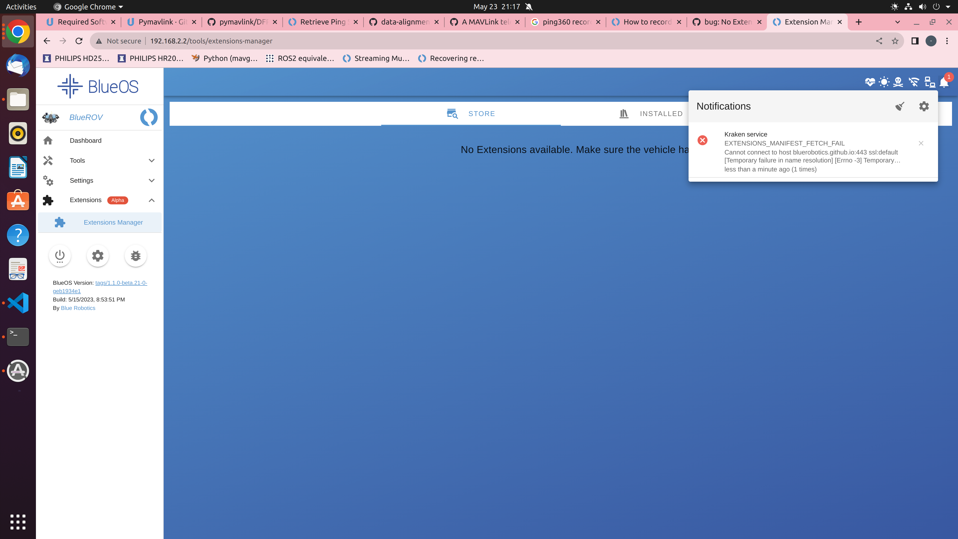 bug: No Extensions available. · Issue #1695 · bluerobotics/BlueOS · GitHub