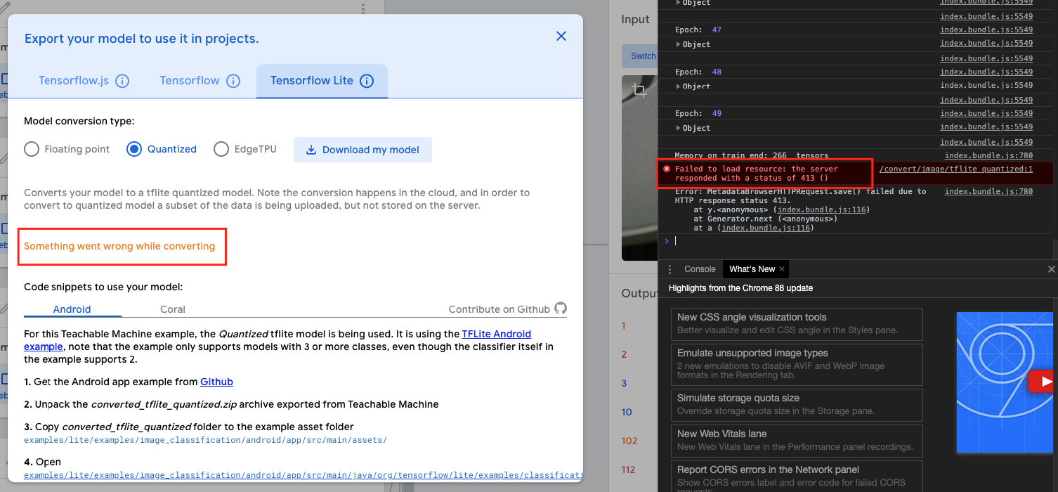 Error 413 when exporting model · Issue #171 · googlecreativelab/teachablemachine-community · GitHub