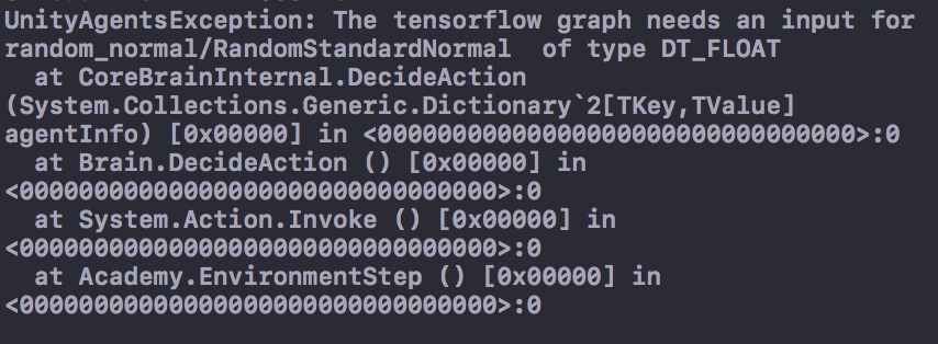 (iOS) UnityAgentsException: The tensorflow graph needs an input for random_normal ...