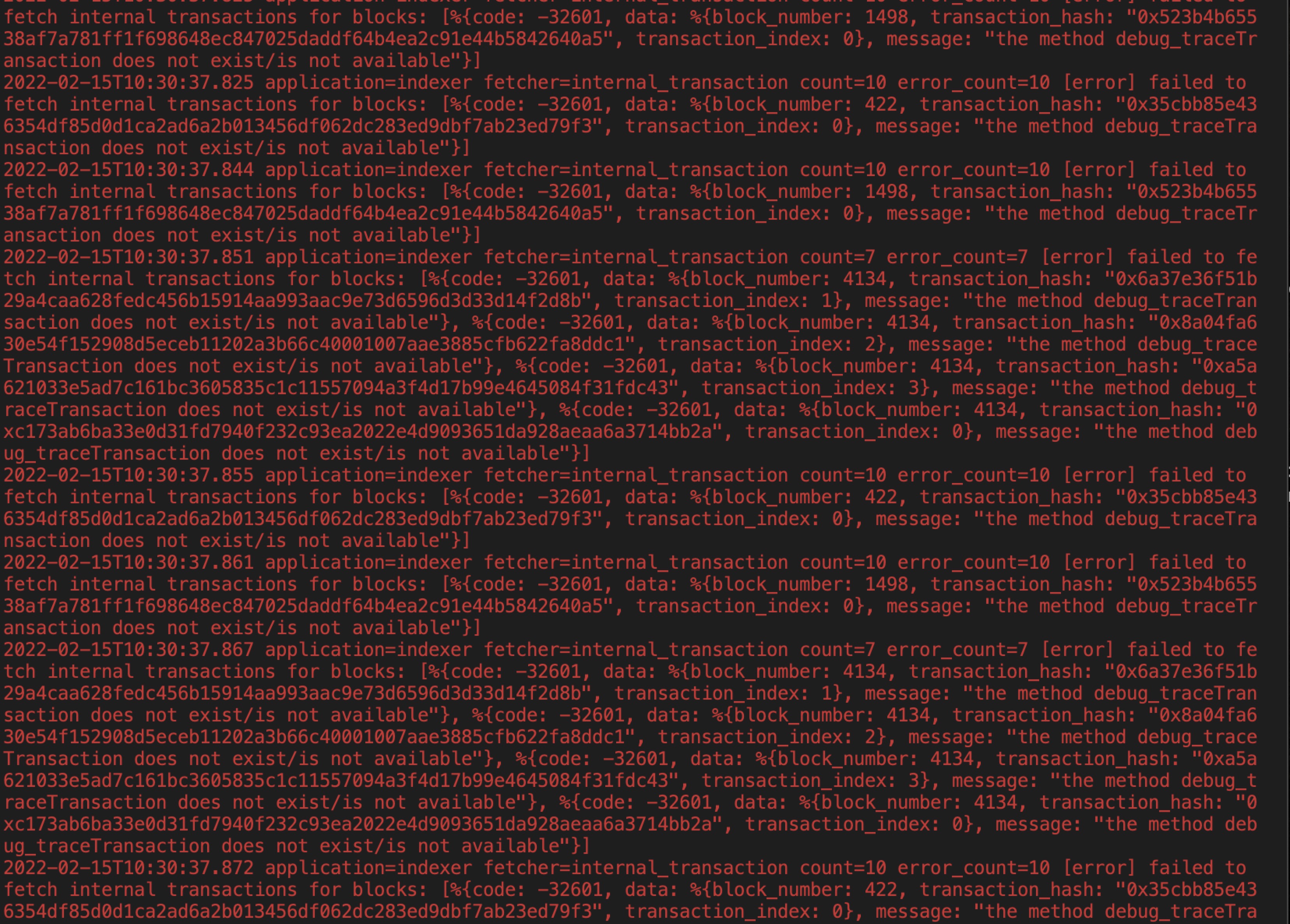 failed to fetch internal transactions for blocks: [%{code: -32601, data: %{block_number: 422 ...
