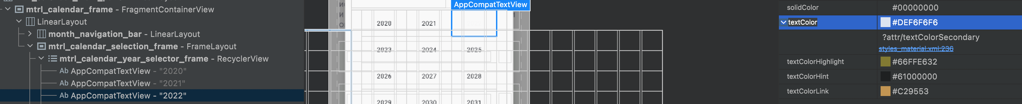 [MaterialDatePicker] Can't change color of current year in year picker grid · Issue #2985 ...