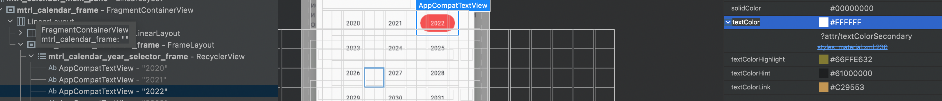 [MaterialDatePicker] Can't change color of current year in year picker grid · Issue #2985 ...