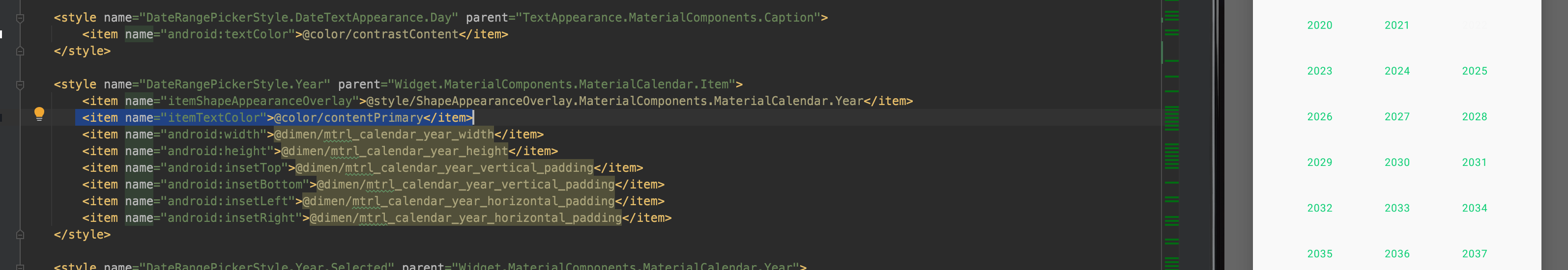 [MaterialDatePicker] Can't change color of current year in year picker grid · Issue #2985 ...