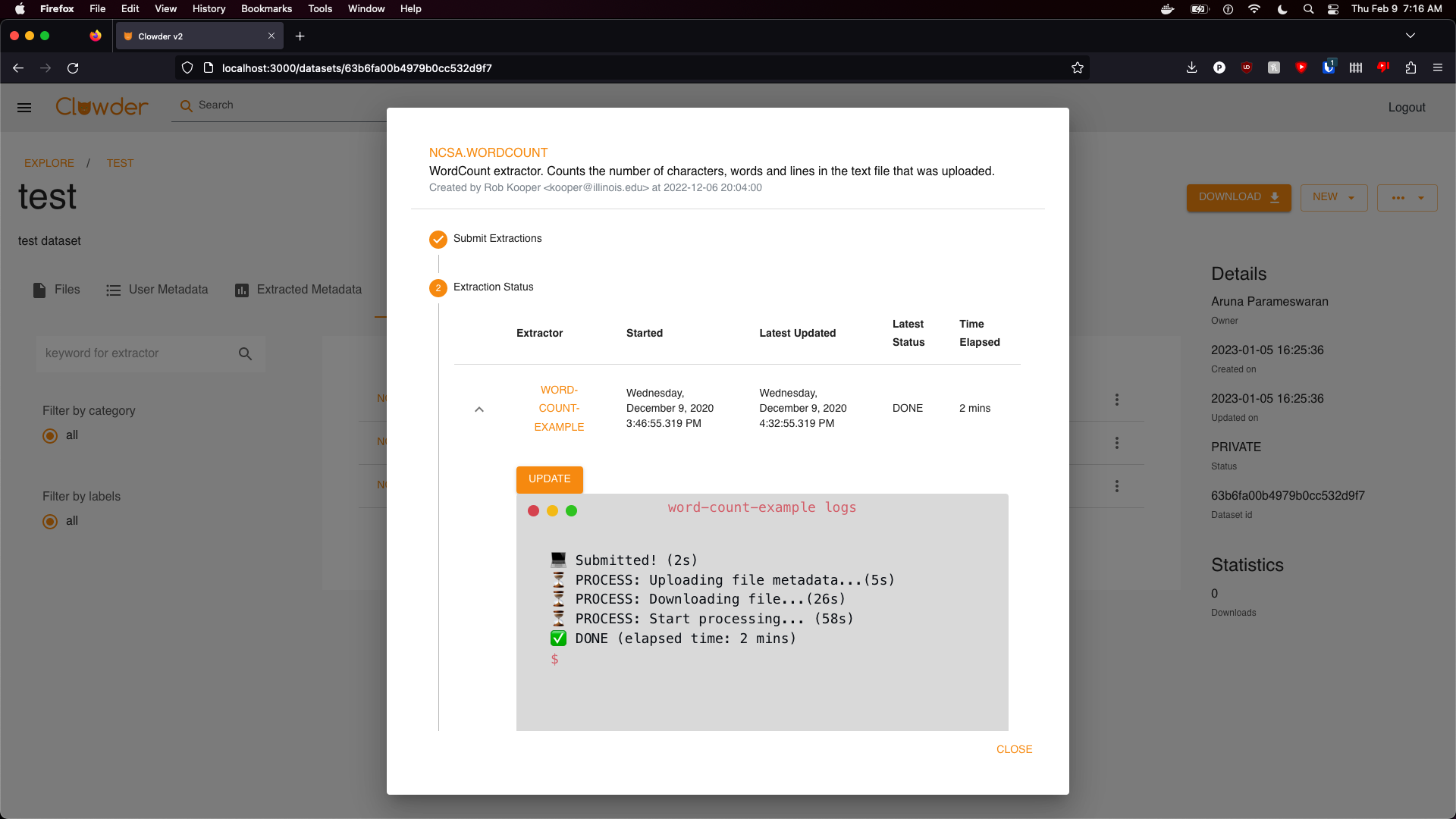 Read and display extractor logs on frontend · Issue #261 · clowder-framework/clowder2 · GitHub