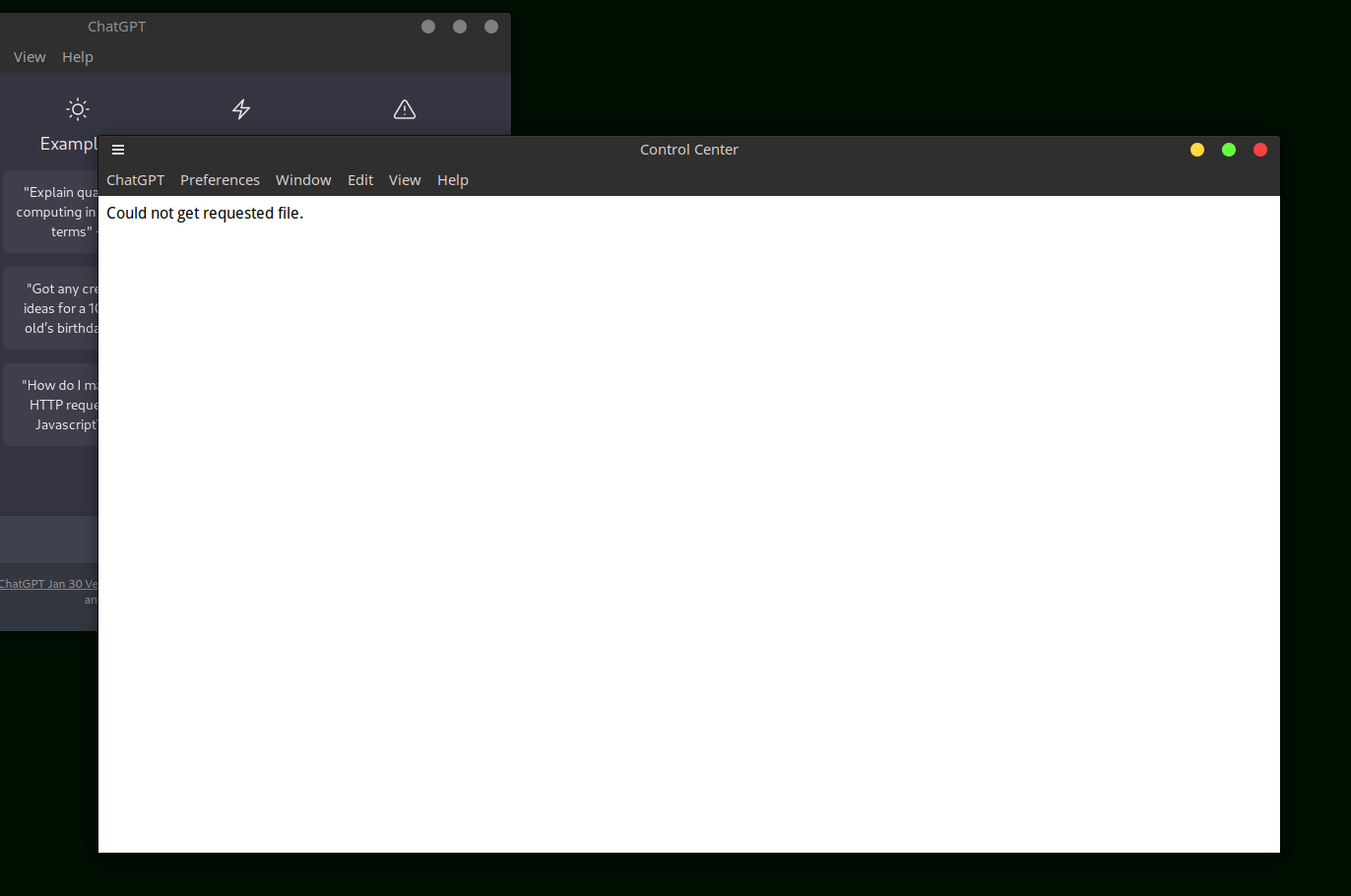 [Bug] Control center: Could not get requested file. Arch Linux · Issue #325 · lencx/ChatGPT · GitHub