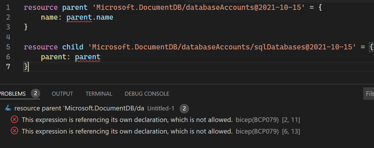 Misleading knock on error when parent references itself · Issue #5930 · Azure/bicep · GitHub