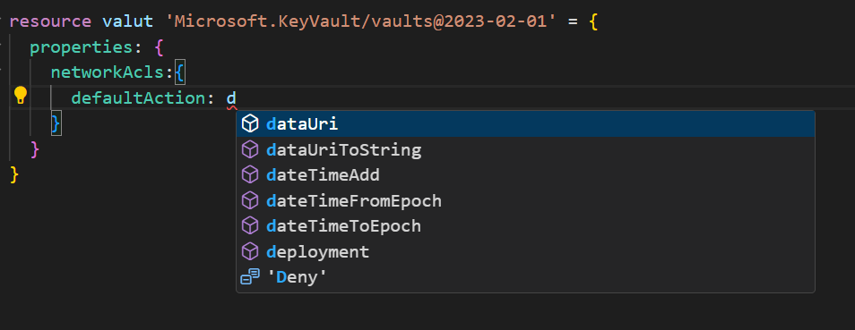 Unhelpful Auto Completion on keyvault network defaultAction · Issue #12257 · Azure/bicep · GitHub