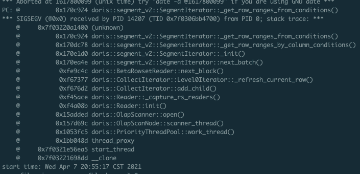 [Bug] BE crash on SegmentIterator · Issue #5609 · apache/doris · GitHub