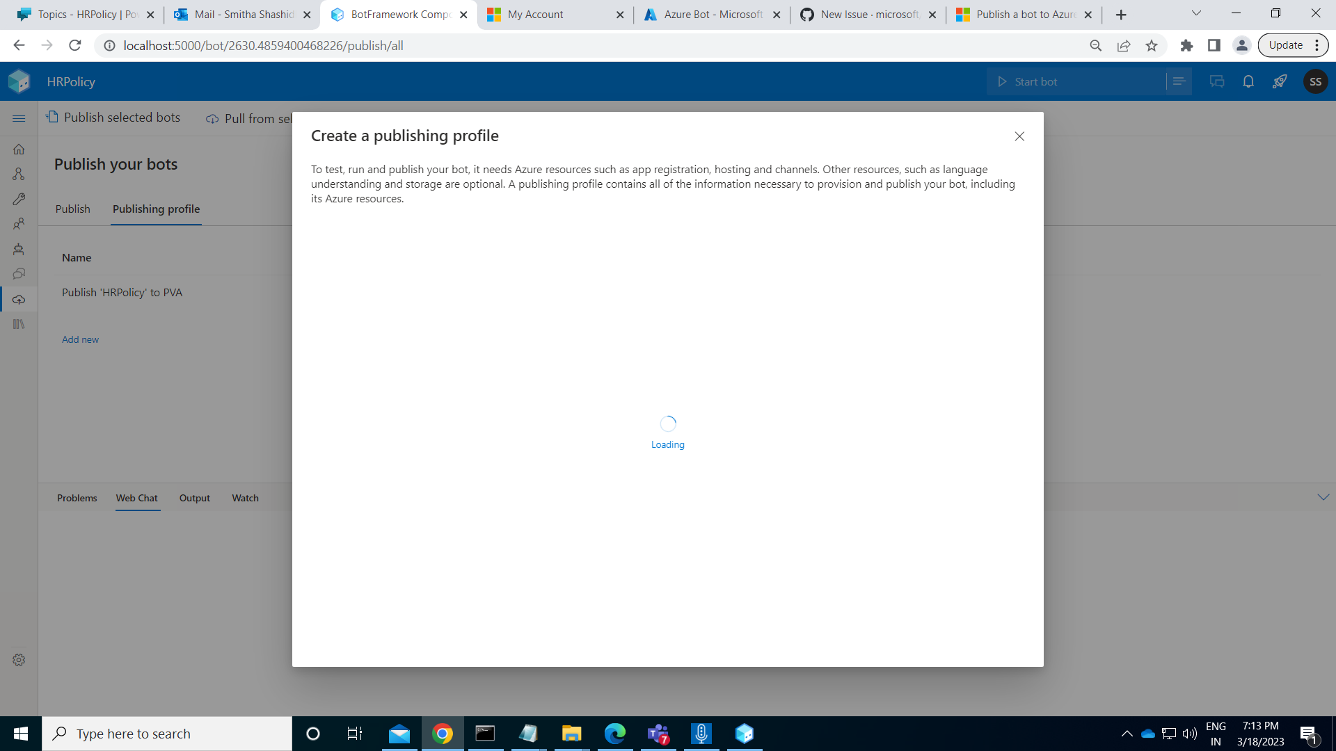 Unable To Create Publishing Profile In Bot Framework Composer Loading Screen Remains Forever