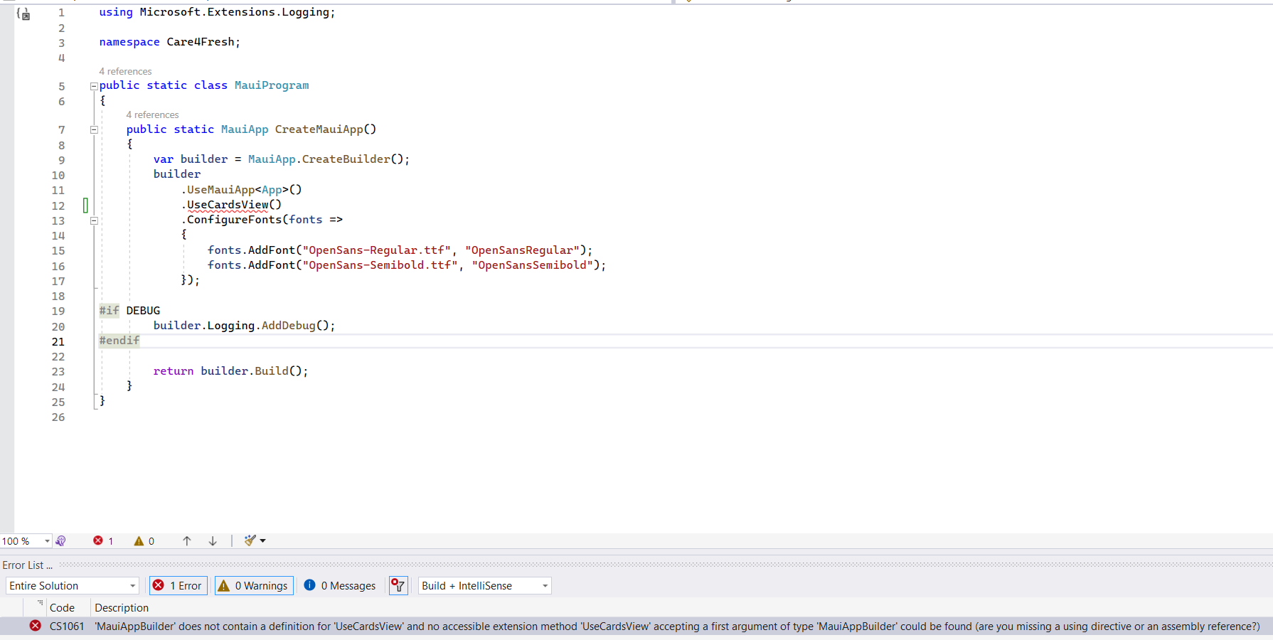 [ Can't add to project ] 'MauiAppBuilder' does not contain a definition for 'UseCardsView ...