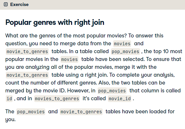 Popular Genres With Right Join · Issue 8 · Itsmesachee Datacamp Projects · Github