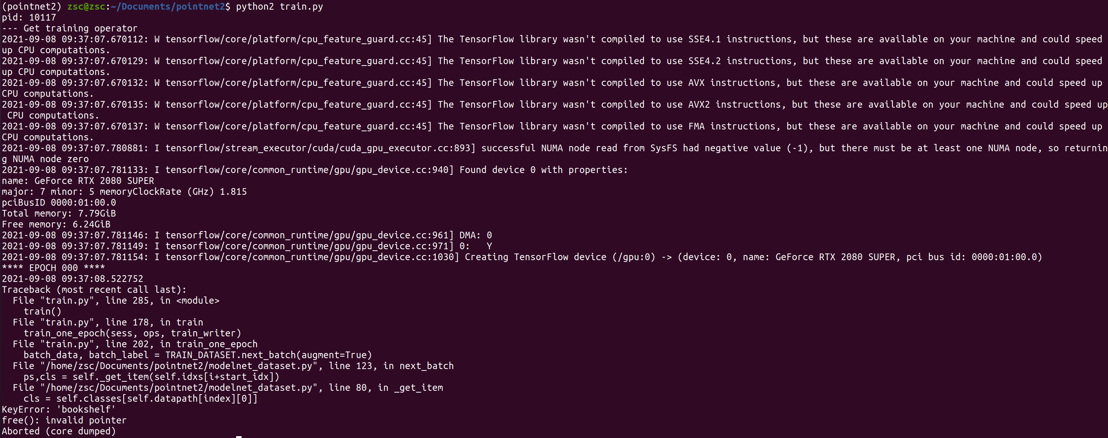 when i run "python train.py" , it goes wrong with "core dumped" · Issue #228 · charlesq34 ...