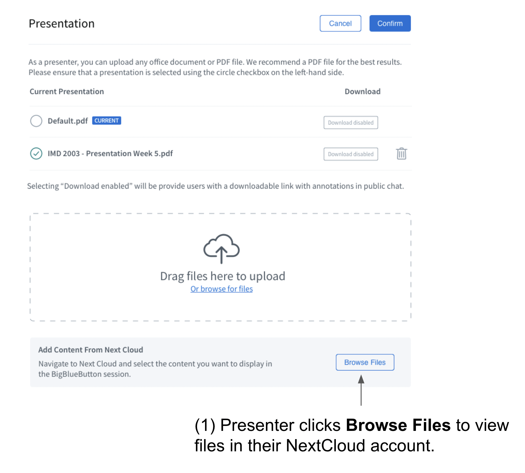 Add API support to enable other applications to easily upload files to a live BigBlueButton ...