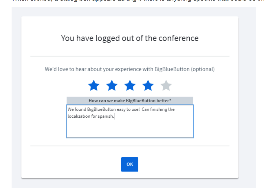 Add a feedback dialog for logout · Issue #4872 · bigbluebutton/bigbluebutton · GitHub