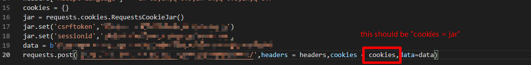 when using RequestCookieJar instead of cookies, the post "cookie" argument was not replaced to ...