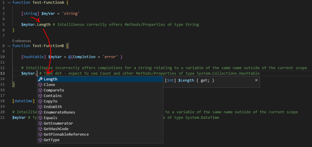 Intellisense offers completions for the type of the first variable encountered of the same name ...
