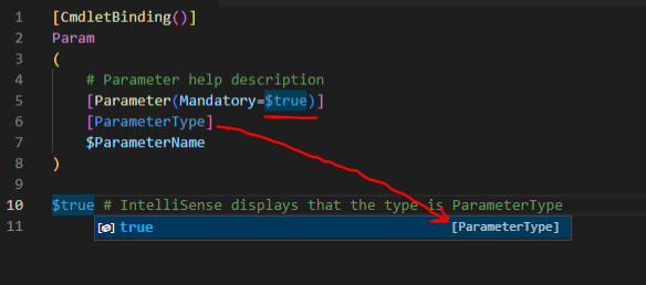 IntelliSense shows $true or $false is of the type of the parameter in scope if an attribute of ...