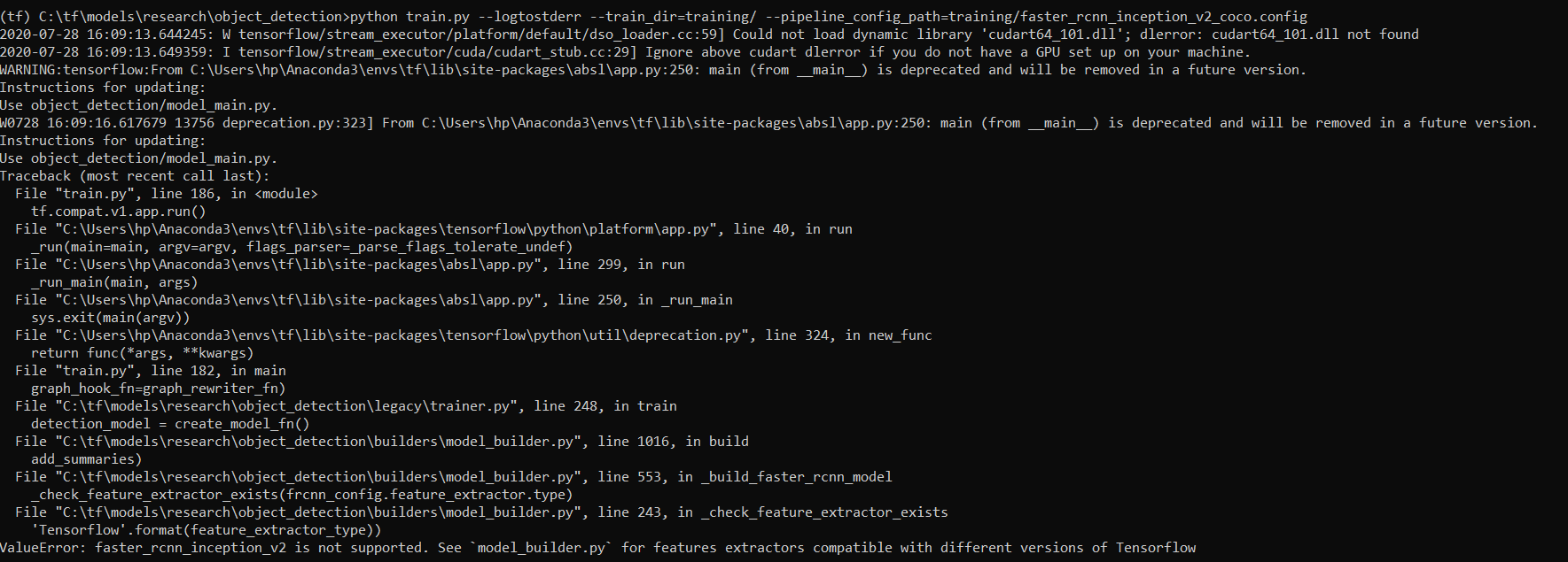 ValueError: faster_rcnn_inception_v2 is not supported. See `model_builder.py` for features ...