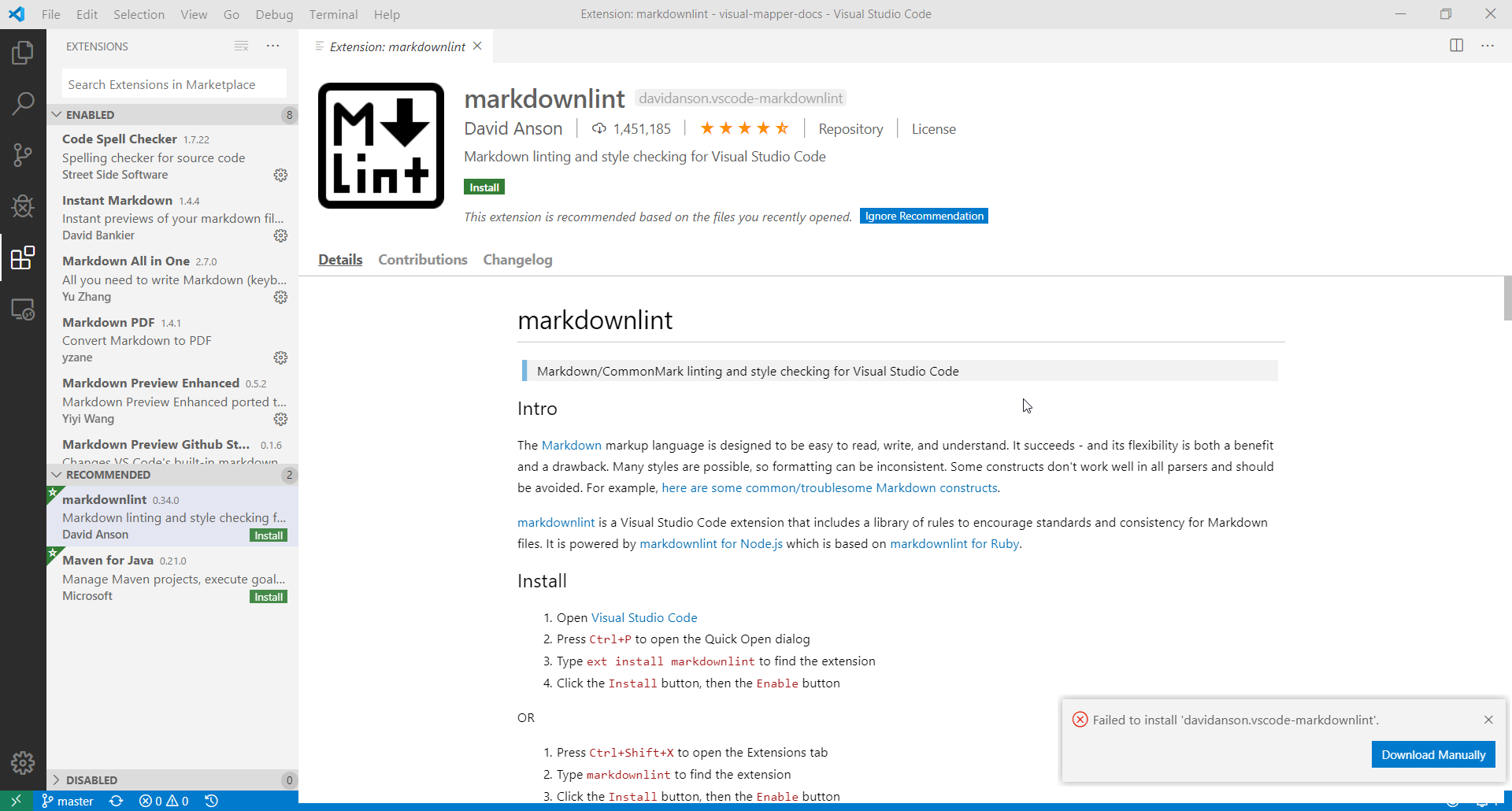 Unable to install on vscode/Windows 10 · Issue #104 · DavidAnson/vscode-markdownlint · GitHub