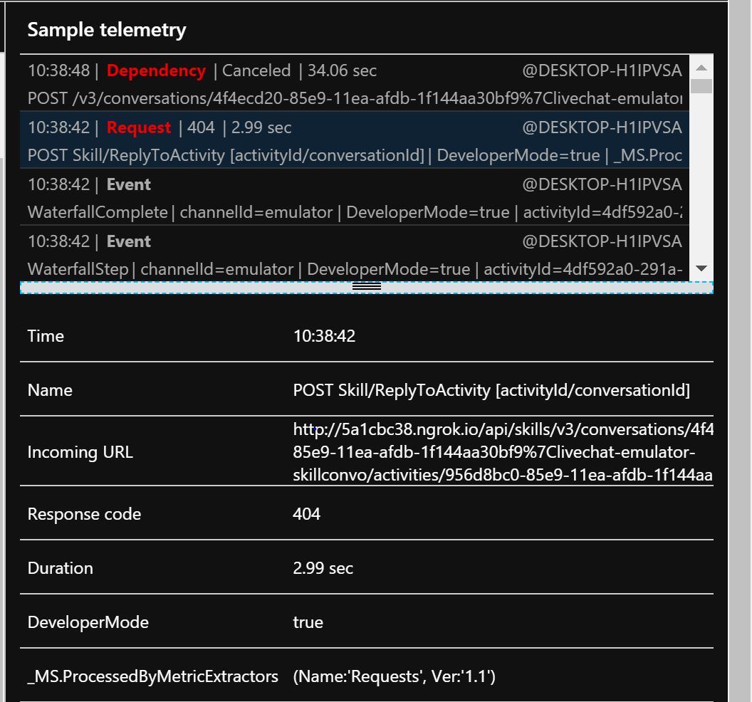404 error from Skill/ReplyToActivity [activityId/conversationId] endpoint while running VA ...
