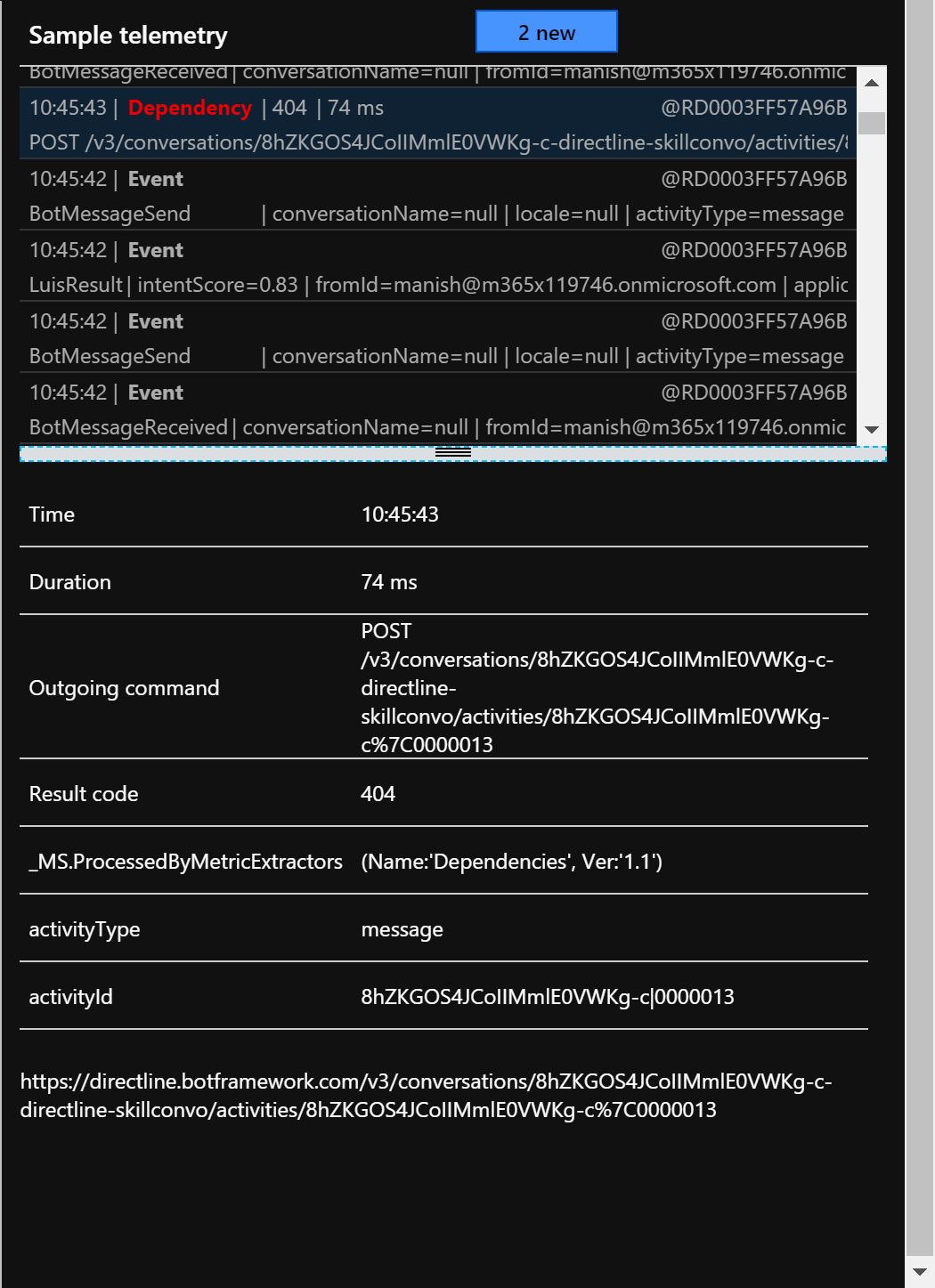 404 error from Skill/ReplyToActivity [activityId/conversationId] endpoint while running VA ...