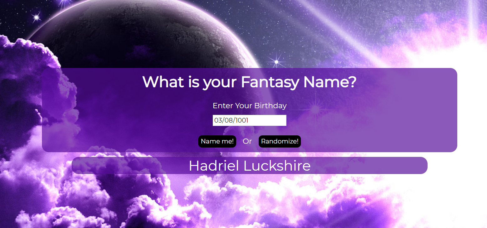 GitHub - mollygilbert389/randomNameGenerator: Name generator app made with JQuery & Moment JS.