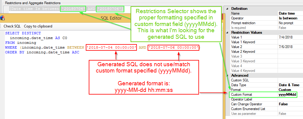 Issue: Generated SQL for where on datetime type not using custom format ...