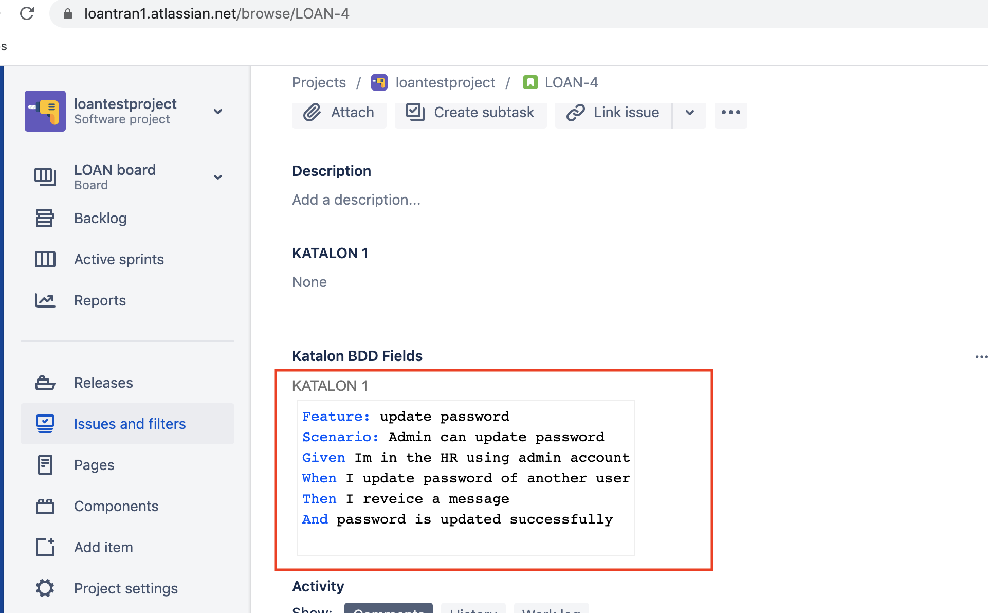 [Katalon BDD] Content of Feature file in KS after imported from Jira is ...