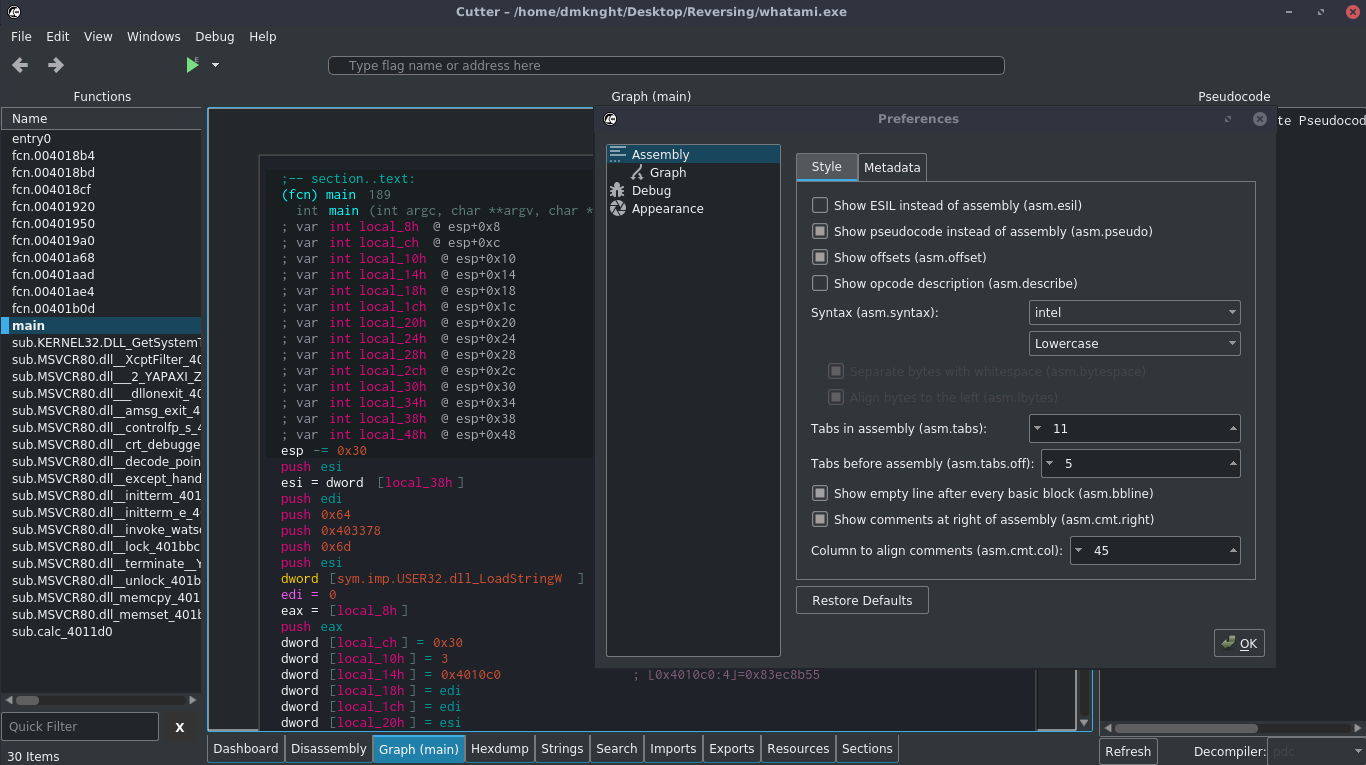 asm.pseudo and asm.cmt.right break graph display · Issue #1137 · rizinorg/cutter · GitHub