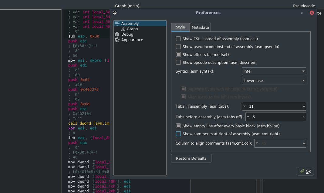 asm.pseudo and asm.cmt.right break graph display · Issue #1137 · rizinorg/cutter · GitHub