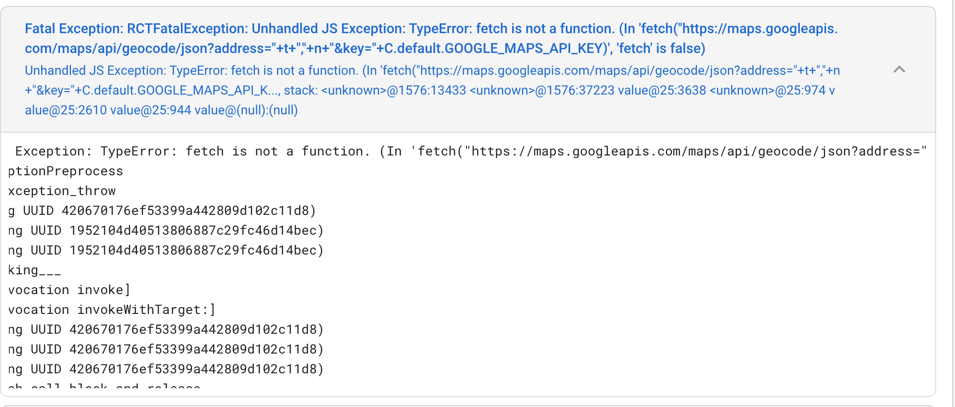 Non-fatal Exception: JavaScriptError fetch is not a function. (In ...