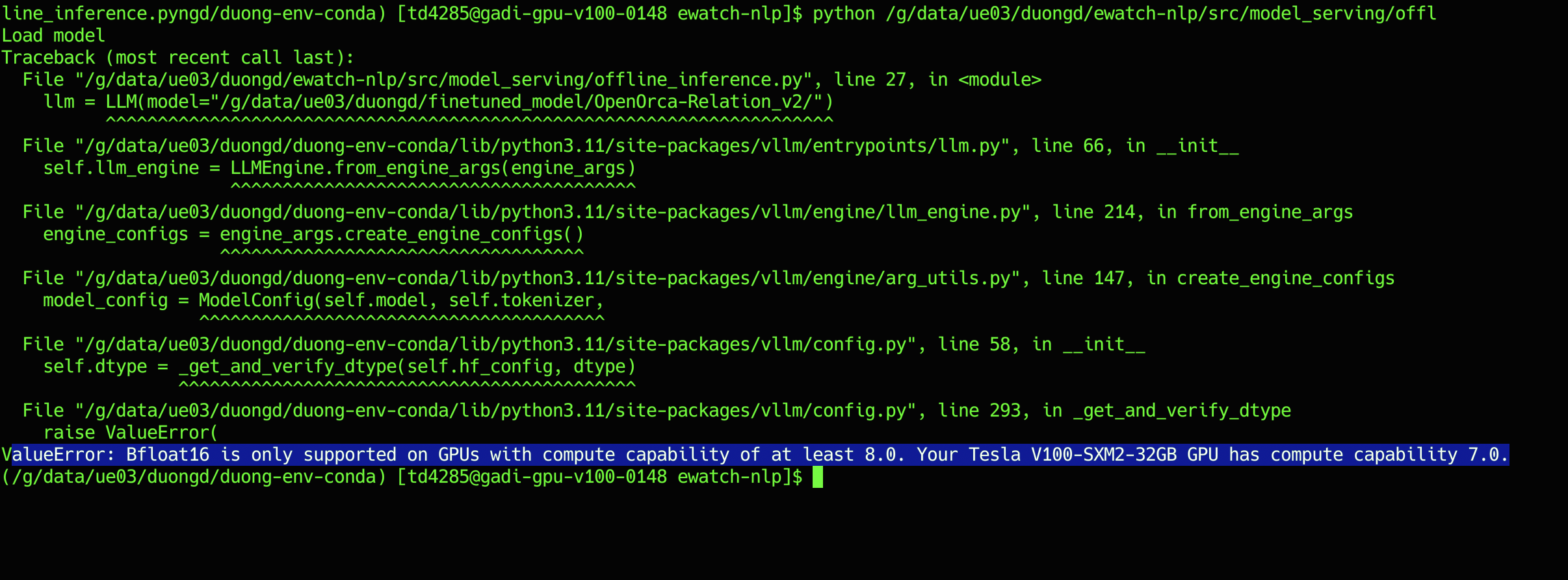 ValueError: Bfloat16 is only supported on GPUs with compute capability of at least 8.0. Your ...