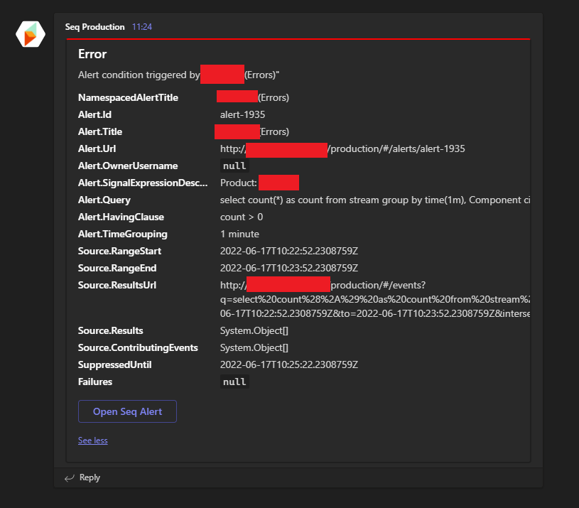 Seq Teams alerts showing alert related data not event related data · datalust seq-tickets ...